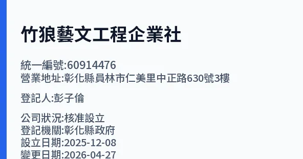 竹狼藝文工程企業社的照片-統編 60914476(彰化縣) 公司登記資料與營業項目詳細圖表