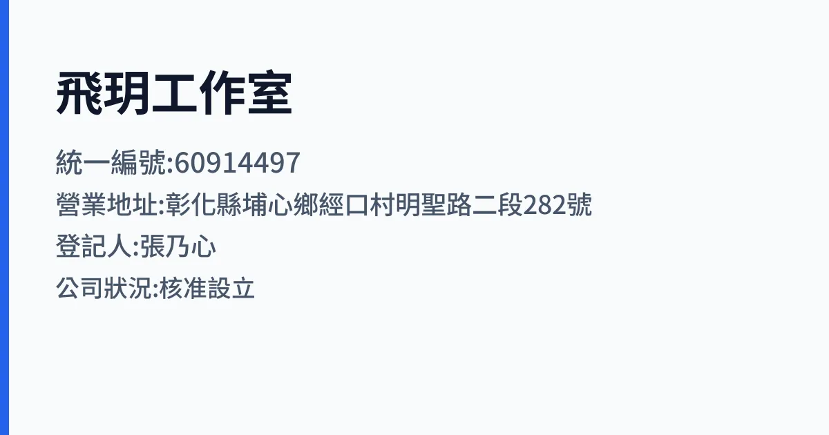 飛玥工作室 - 統編 60914497(彰化縣) 公司登記資料與營業項目詳細圖表