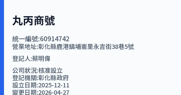 丸丙商號的照片-統編 60914742(彰化縣) 公司登記資料與營業項目詳細圖表