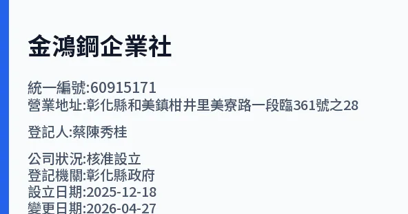 金鴻鋼企業社的照片-統編 60915171(彰化縣) 公司登記資料與營業項目詳細圖表