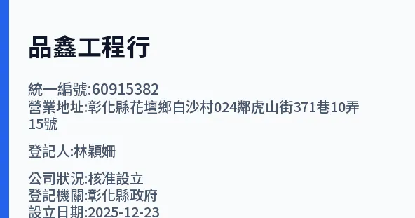 品鑫工程行的照片-統編 60915382(彰化縣) 公司登記資料與營業項目詳細圖表
