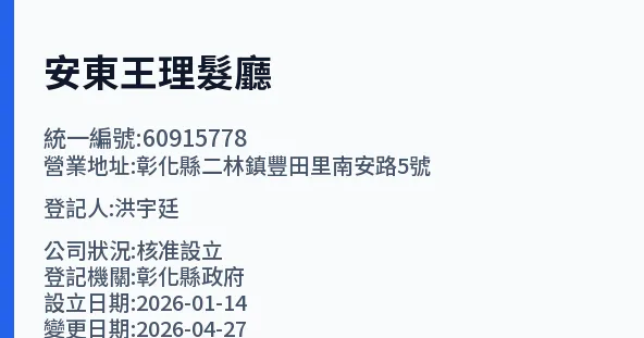 安東王理髮廳的照片-統編 60915778(彰化縣) 公司登記資料與營業項目詳細圖表