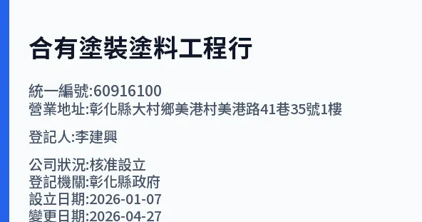 合有塗裝塗料工程行的照片-統編 60916100(彰化縣) 公司登記資料與營業項目詳細圖表
