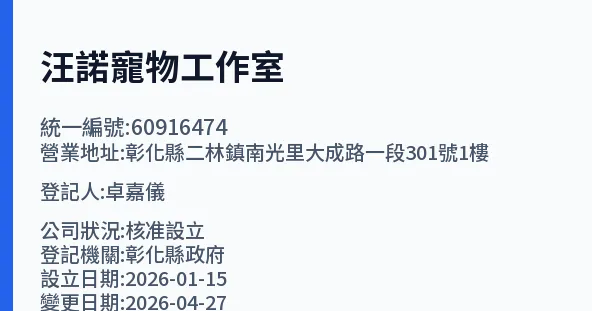 汪諾寵物工作室的照片-統編 60916474(彰化縣) 公司登記資料與營業項目詳細圖表