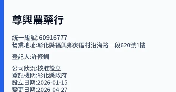 尊興農藥行的照片-統編 60916777(彰化縣) 公司登記資料與營業項目詳細圖表
