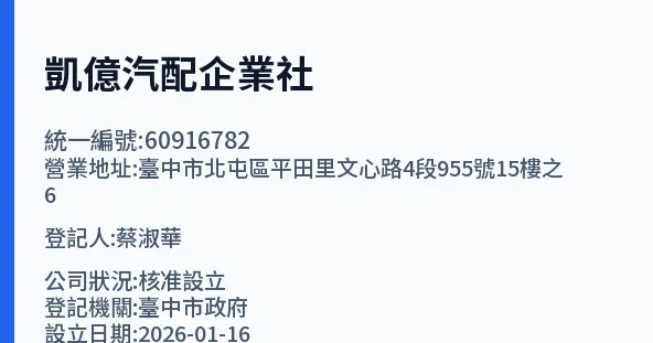 凱億汽配企業社的照片-統編 60916782(臺中市) 公司登記資料與營業項目詳細圖表