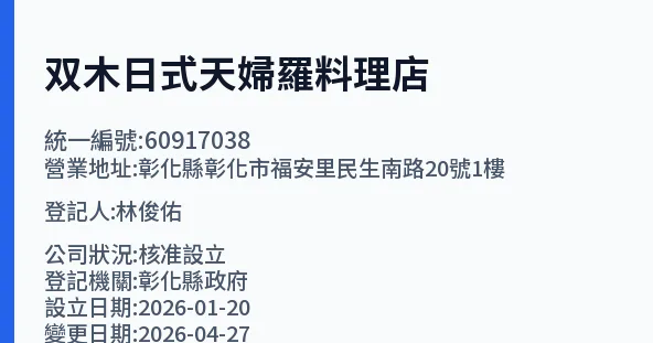 双木日式天婦羅料理店的照片-統編 60917038(彰化縣) 公司登記資料與營業項目詳細圖表