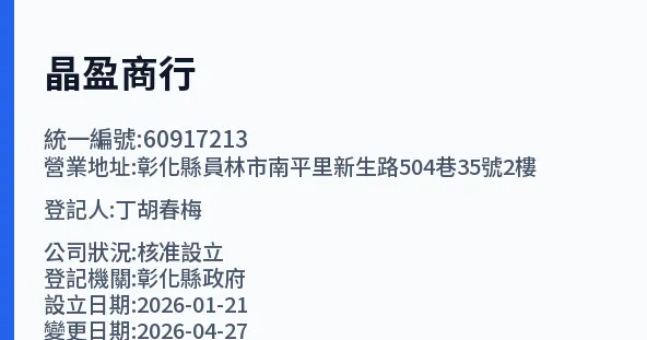 晶盈商行的照片-統編 60917213(彰化縣) 公司登記資料與營業項目詳細圖表