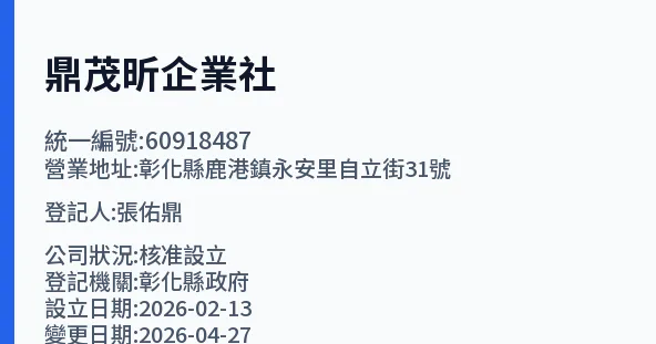 鼎茂昕企業社的照片-統編 60918487(彰化縣) 公司登記資料與營業項目詳細圖表