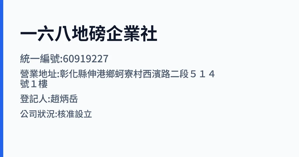 一六八地磅企業社 - 統編 60919227(彰化縣) 公司登記資料與營業項目詳細圖表