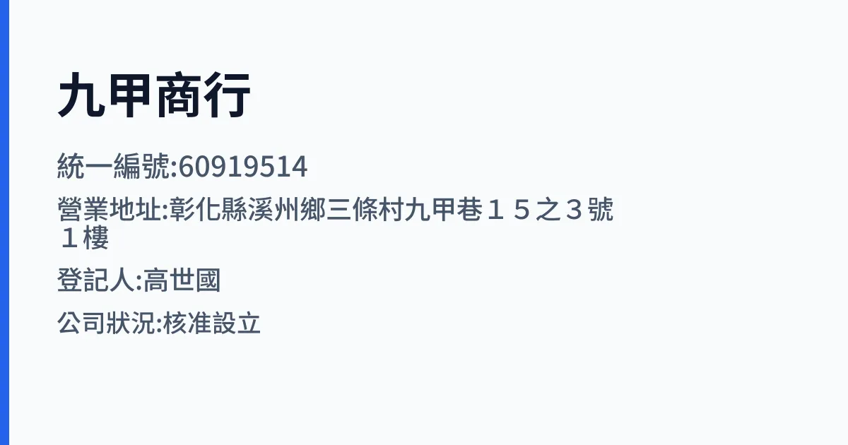 九甲商行 - 統編 60919514(彰化縣) 公司登記資料與營業項目詳細圖表