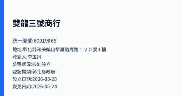 雙龍三號商行的照片-統編 60919866(彰化縣) 公司登記資料與營業項目詳細圖表