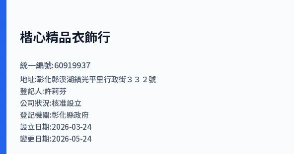 楷心精品衣飾行的照片-統編 60919937(彰化縣) 公司登記資料與營業項目詳細圖表