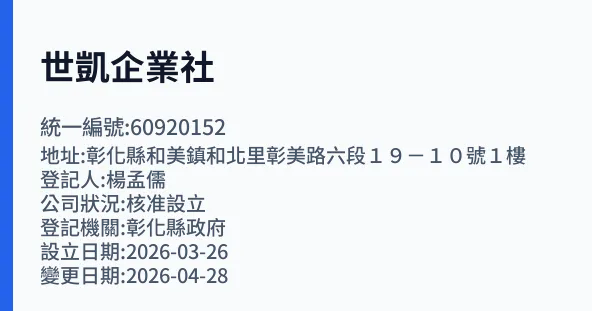 世凱企業社的照片-統編 60920152(彰化縣) 公司登記資料與營業項目詳細圖表