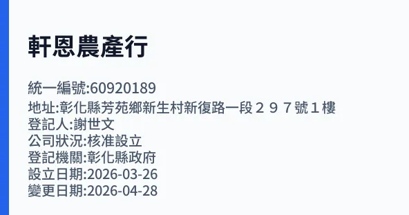 軒恩農產行的照片-統編 60920189(彰化縣) 公司登記資料與營業項目詳細圖表