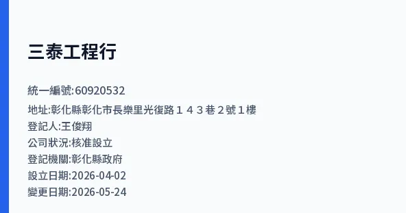 三泰工程行的照片-統編 60920532(彰化縣) 公司登記資料與營業項目詳細圖表