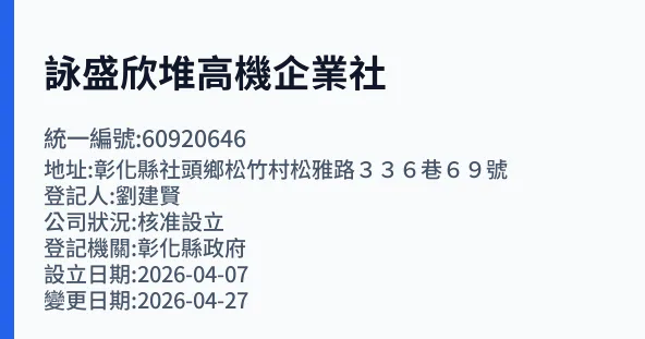 詠盛欣堆高機企業社的照片-統編 60920646(彰化縣) 公司登記資料與營業項目詳細圖表