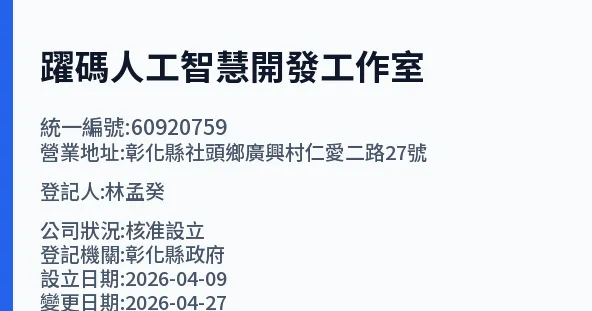 躍碼人工智慧開發工作室的照片-統編 60920759(彰化縣) 公司登記資料與營業項目詳細圖表