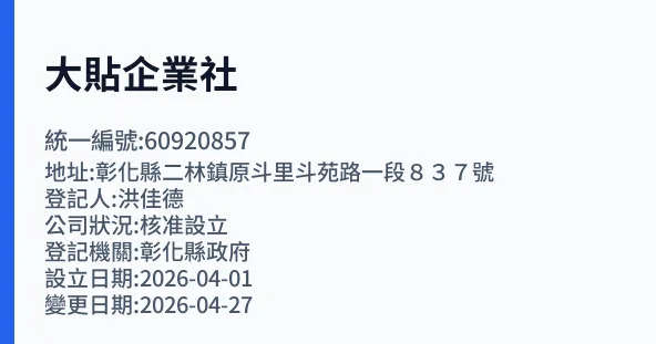 大貼企業社的照片-統編 60920857(彰化縣) 公司登記資料與營業項目詳細圖表