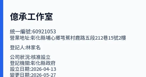 億承工作室的照片-統編 60921053(彰化縣) 公司登記資料與營業項目詳細圖表