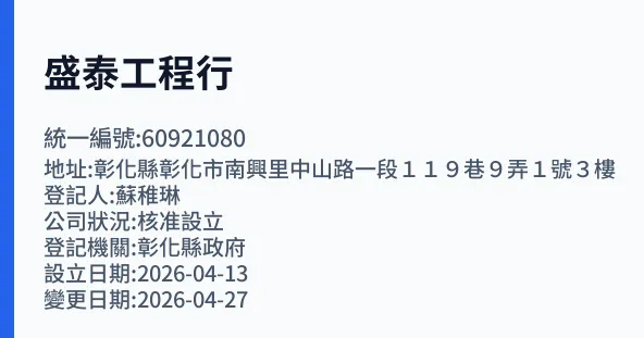 盛泰工程行的照片-統編 60921080(彰化縣) 公司登記資料與營業項目詳細圖表
