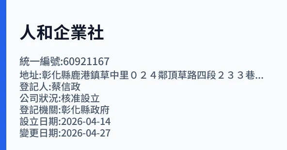 人和企業社的照片-統編 60921167(彰化縣) 公司登記資料與營業項目詳細圖表