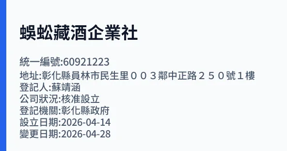 蜈蚣藏酒企業社的照片-統編 60921223(彰化縣) 公司登記資料與營業項目詳細圖表