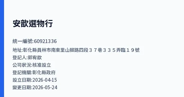 安歆選物行的照片-統編 60921336(彰化縣) 公司登記資料與營業項目詳細圖表
