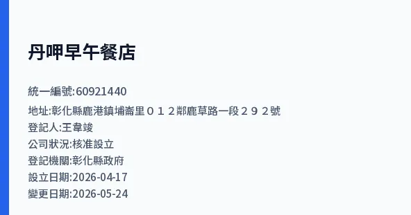 丹呷早午餐店的照片-統編 60921440(彰化縣) 公司登記資料與營業項目詳細圖表