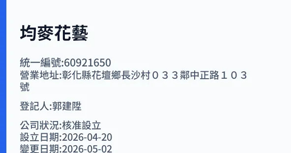 均麥花藝的照片-統編 60921650(彰化縣) 公司登記資料與營業項目詳細圖表