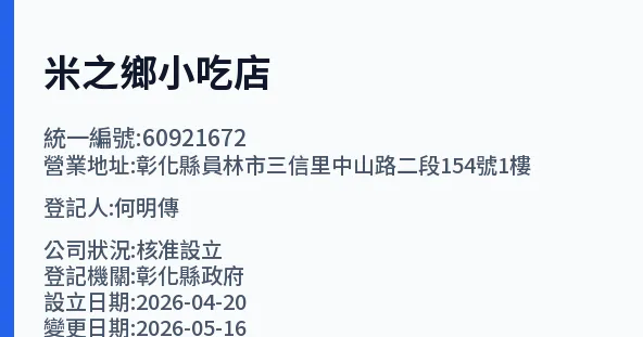 米之鄉小吃店的照片-統編 60921672(彰化縣) 公司登記資料與營業項目詳細圖表