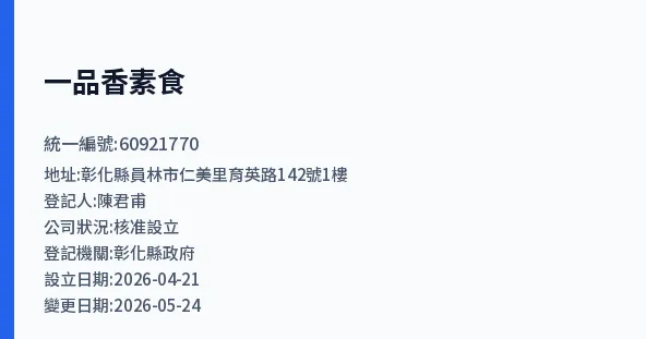一品香素食的照片-統編 60921770(彰化縣) 公司登記資料與營業項目詳細圖表