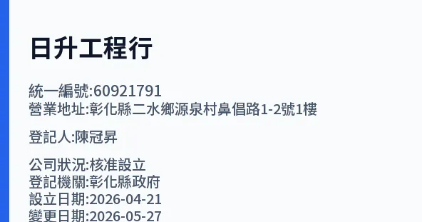 日升工程行的照片-統編 60921791(彰化縣) 公司登記資料與營業項目詳細圖表