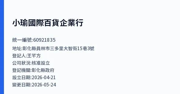小瑜國際百貨企業行的照片-統編 60921835(彰化縣) 公司登記資料與營業項目詳細圖表