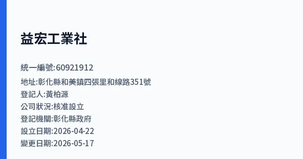 益宏工業社的照片-統編 60921912(彰化縣) 公司登記資料與營業項目詳細圖表