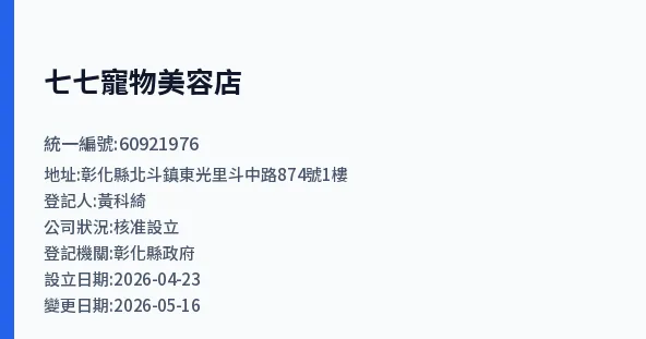 七七寵物美容店的照片-統編 60921976(彰化縣) 公司登記資料與營業項目詳細圖表