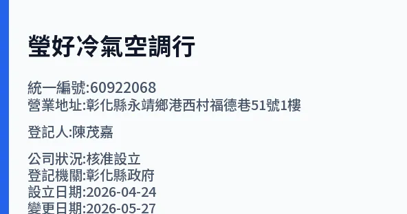 瑩好冷氣空調行的照片-統編 60922068(彰化縣) 公司登記資料與營業項目詳細圖表