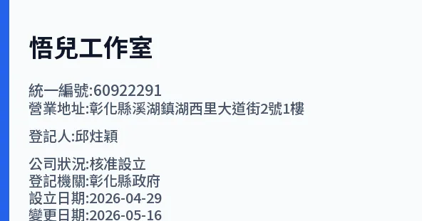 悟兒工作室的照片-統編 60922291(彰化縣) 公司登記資料與營業項目詳細圖表