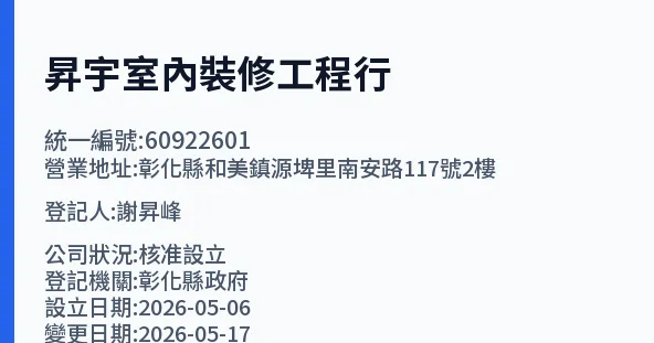 昇宇室內裝修工程行的照片-統編 60922601(彰化縣) 公司登記資料與營業項目詳細圖表