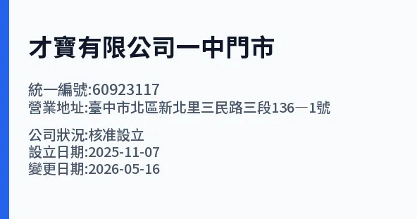 才寶有限公司一中門市的照片-統編 60923117(臺中市) 公司登記資料與營業項目詳細圖表
