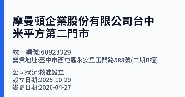 摩曼頓企業股份有限公司台中米平方第二門市的照片-統編 60923329(臺中市) 公司登記資料與營業項目詳細圖表