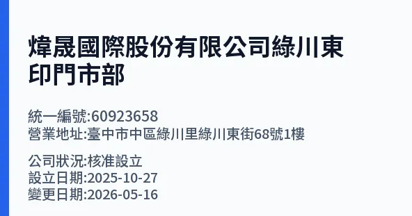 煒晟國際股份有限公司綠川東印門市部的照片-統編 60923658(臺中市) 公司登記資料與營業項目詳細圖表