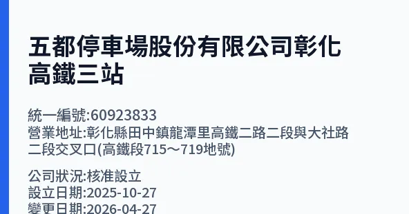 五都停車場股份有限公司彰化高鐵三站的照片-統編 60923833(彰化縣) 公司登記資料與營業項目詳細圖表