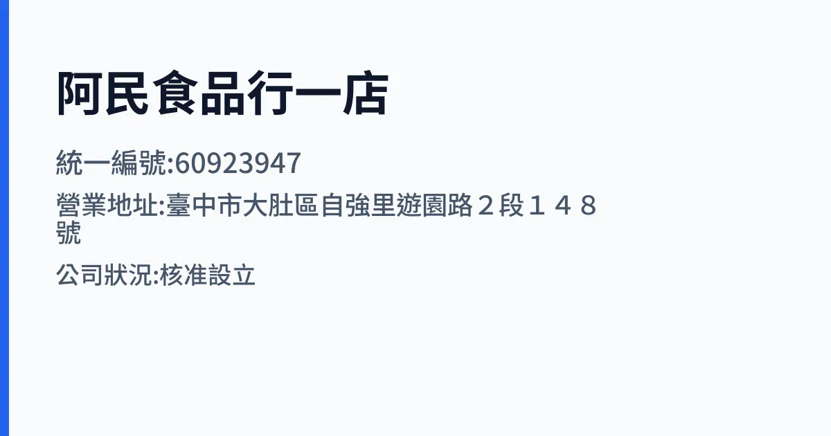 阿民食品行一店 - 統編 60923947（臺中市） 公司登記資料與營業項目詳細圖表