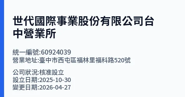 世代國際事業股份有限公司台中營業所的照片-統編 60924039(臺中市) 公司登記資料與營業項目詳細圖表