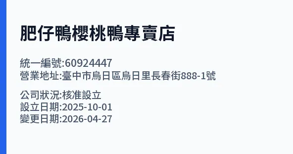 肥仔鴨櫻桃鴨專賣店的照片-統編 60924447(臺中市) 公司登記資料與營業項目詳細圖表