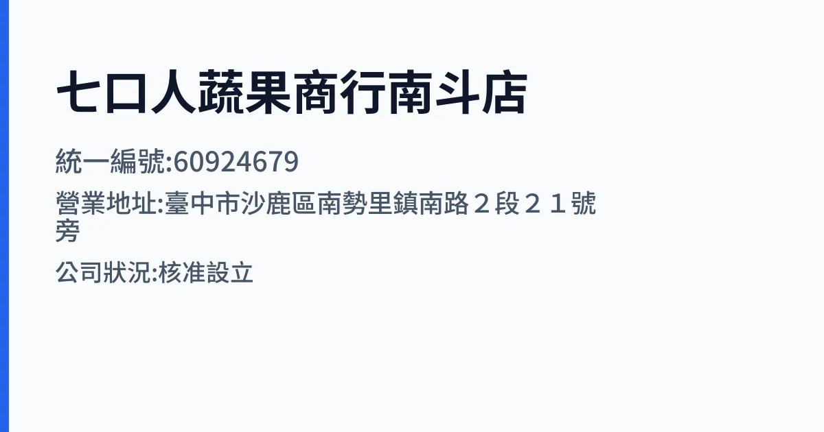 七口人蔬果商行南斗店 - 統編 60924679(臺中市) 公司登記資料與營業項目詳細圖表