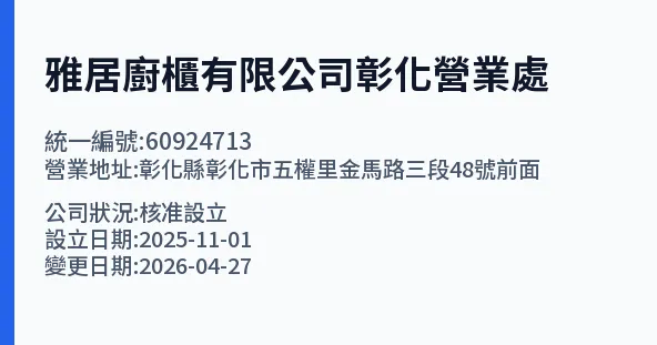 雅居廚櫃有限公司彰化營業處的照片-統編 60924713(彰化縣) 公司登記資料與營業項目詳細圖表