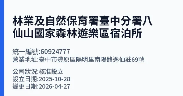 林業及自然保育署臺中分署八仙山國家森林遊樂區宿泊所的照片-統編 60924777(臺中市) 公司登記資料與營業項目詳細圖表