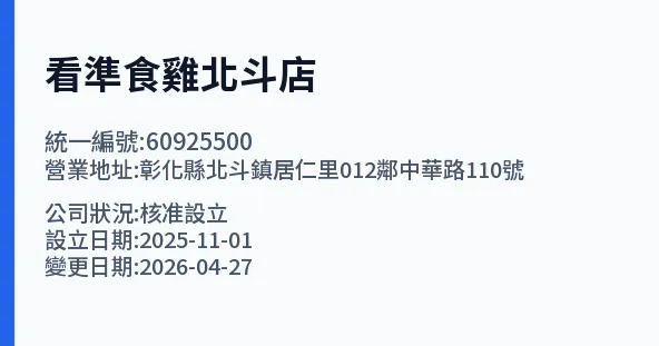 看準食雞北斗店的照片-統編 60925500(彰化縣) 公司登記資料與營業項目詳細圖表